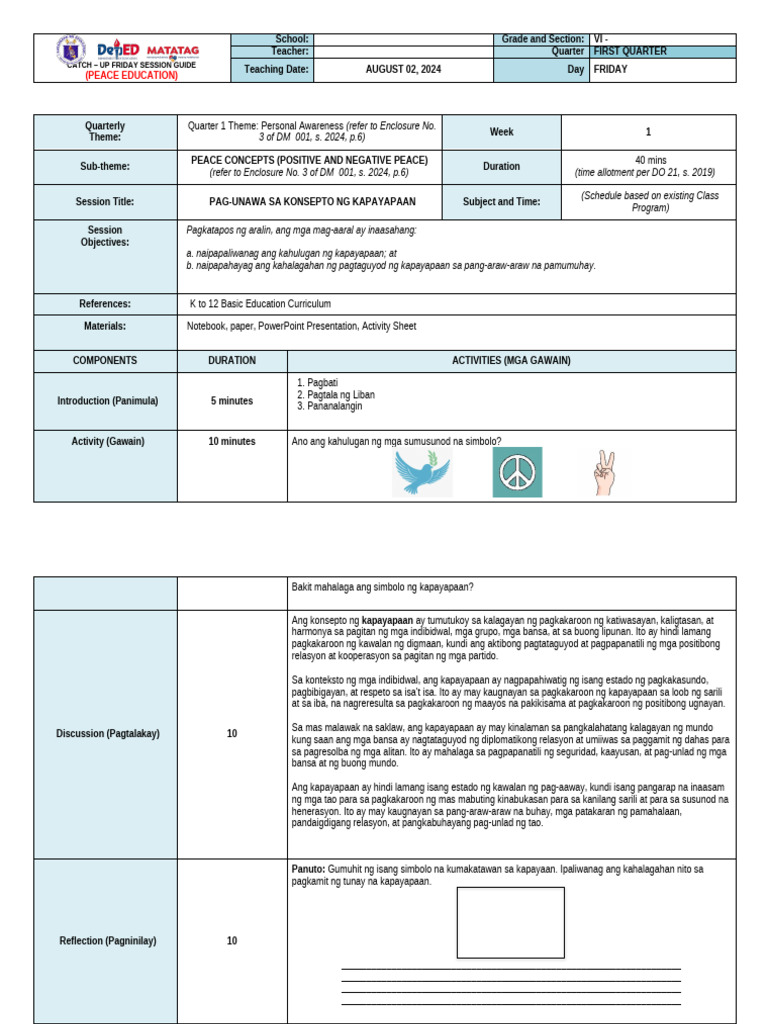 G6Q1W1 CATCH-UP FRIDAY Peace Education | PDF