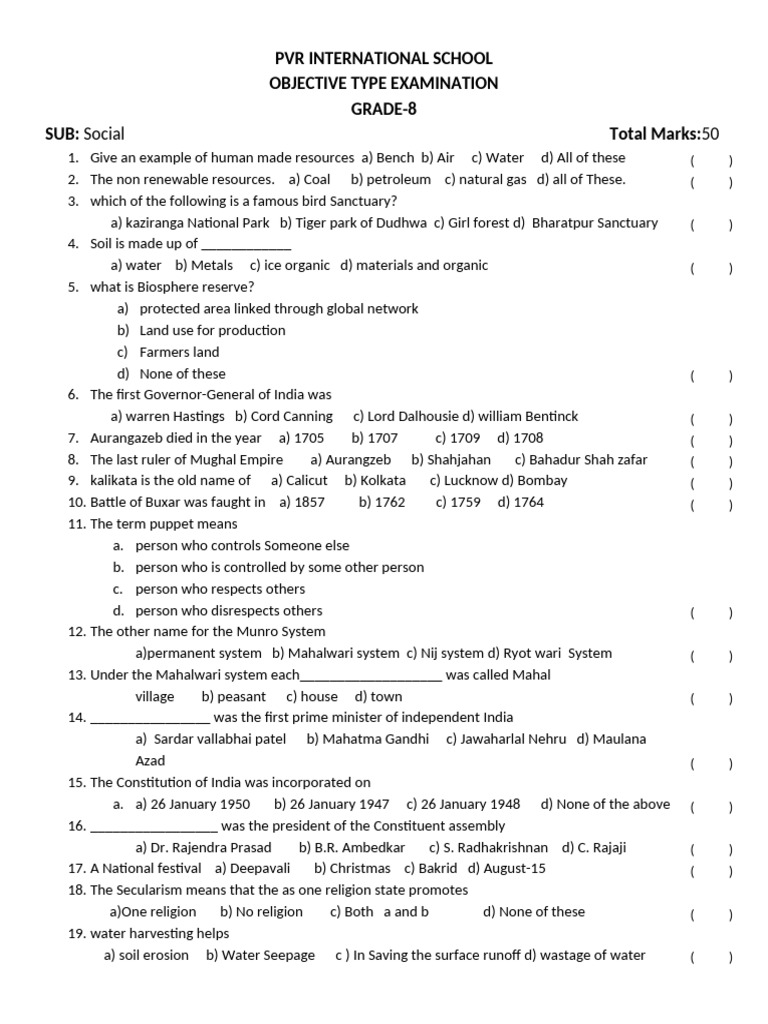 6th Class Social Objective Type Examination | PDF