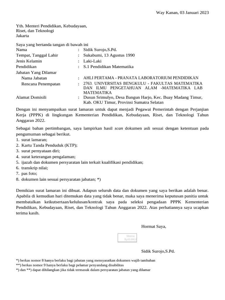 01 Format Surat Lamaran Seleksi PPPK Kemdikbudristek 2022 | PDF