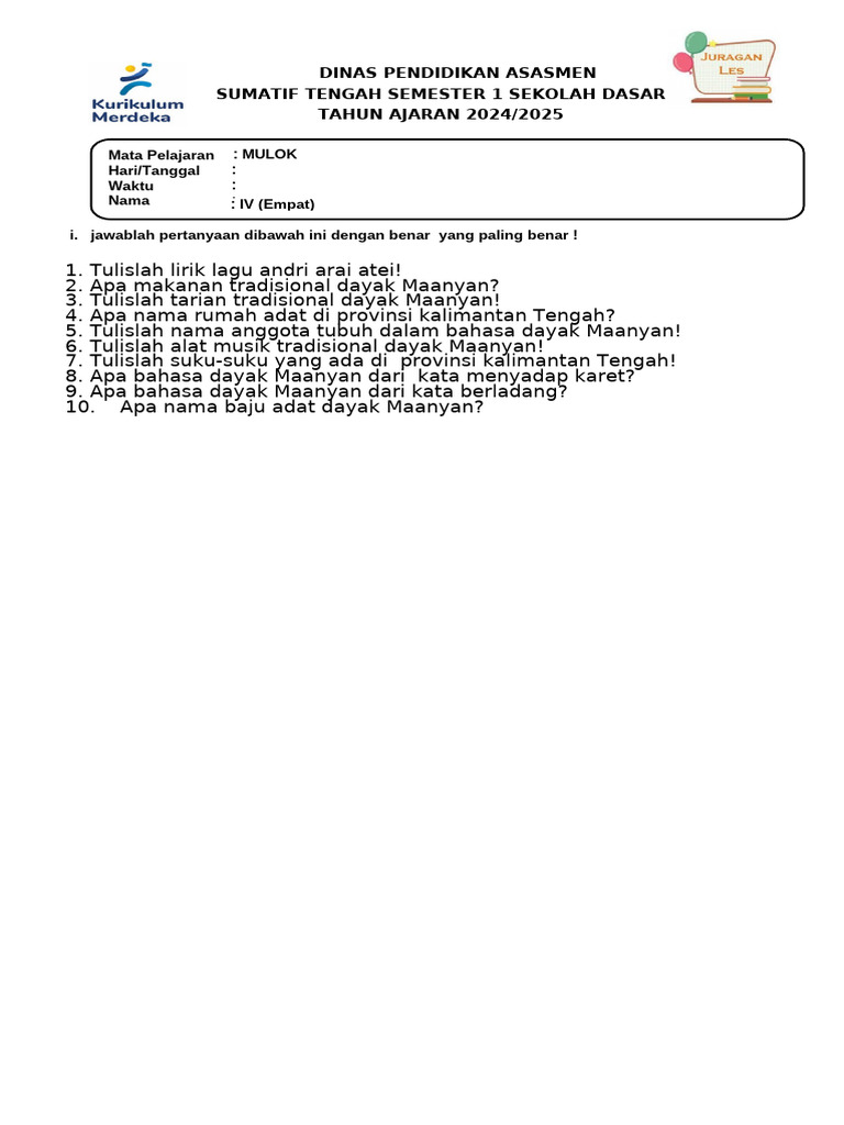 Soal PTS STS Bahasa MULOK 4 Semester 1 Kurikulum Merdeka T A 2023 2024 | PDF | Seni & Disiplin ...
