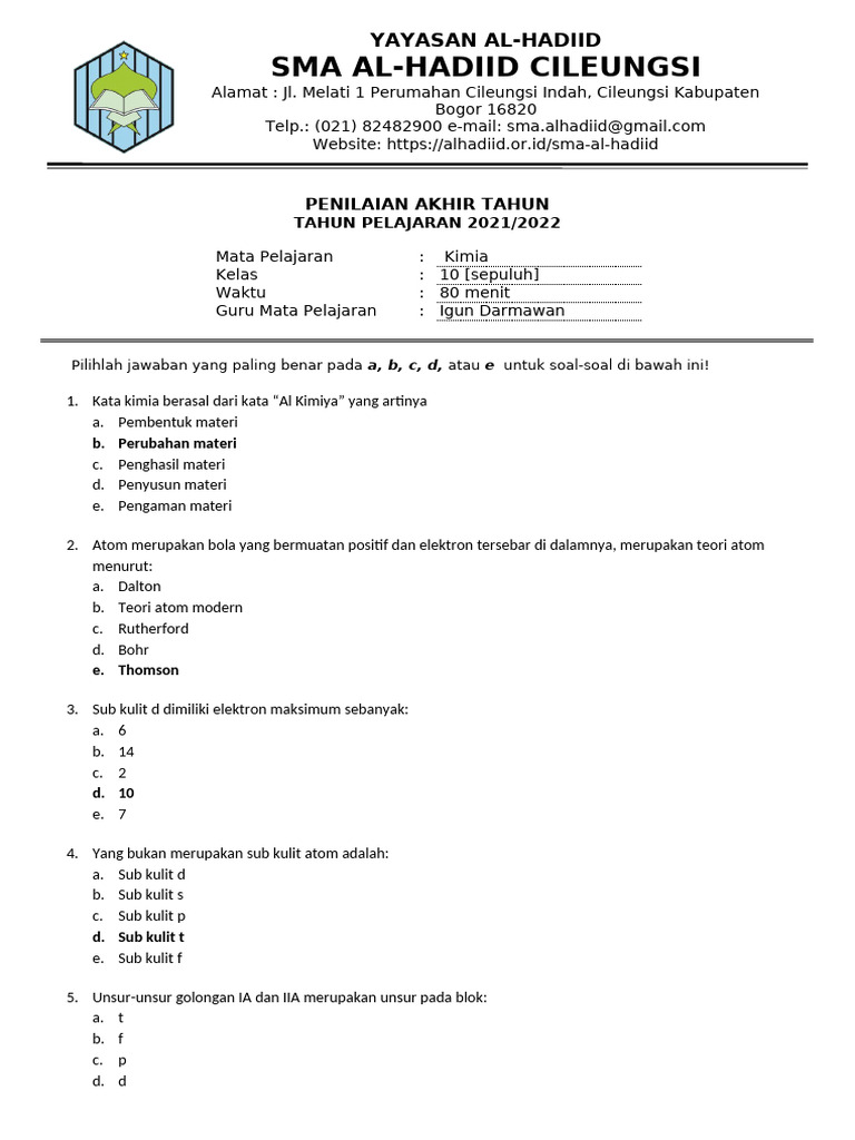 Soal & Jawaban Pas Ganjil Kimia Kelas X Sma | PDF