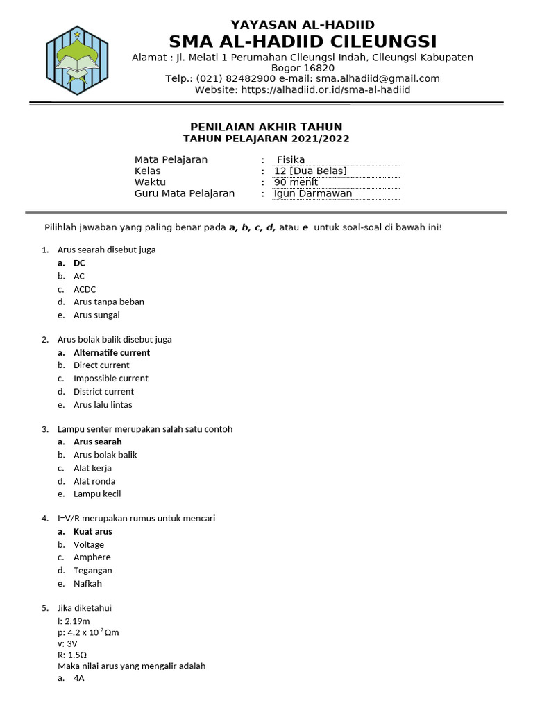 Soal & Jawaban Pas Ganjil Fisika Kelas Xii Sma | PDF | Sains & Matematika | Teknologi & Rekayasa