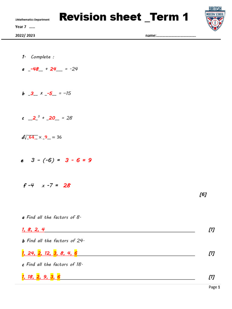 Revision Sheet - T1 - Y7 Model Answers | PDF | Multiplication | Numbers