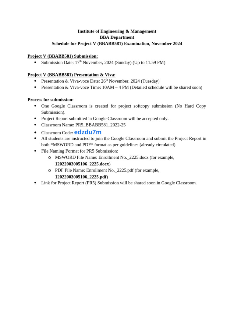 Notice - Project Submission&Presentation - BBA 5th Sem | PDF