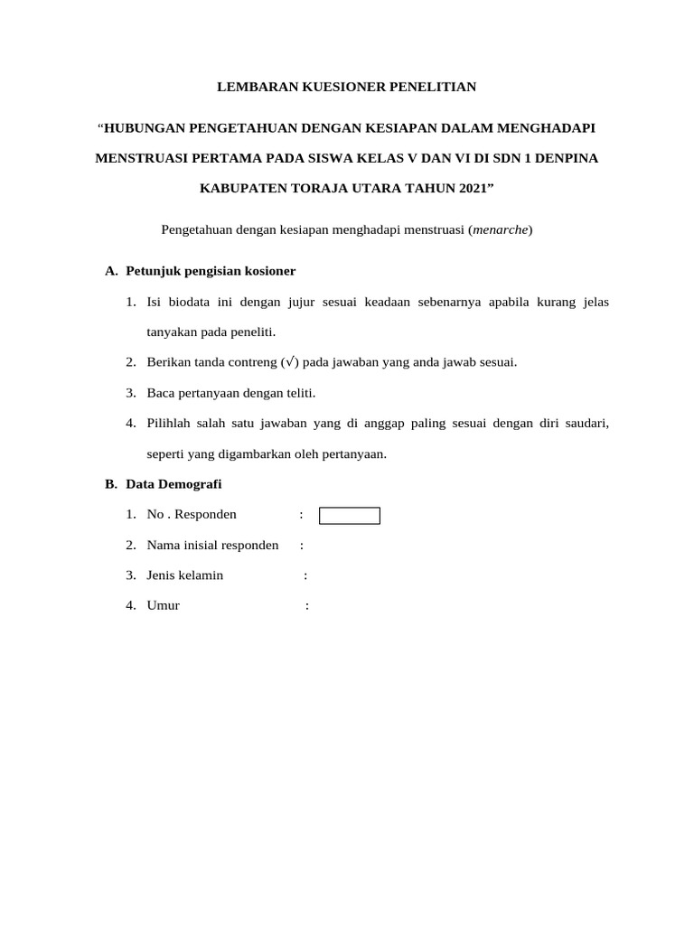 Lembaran Kuesioner Penelitian | PDF | Pengembangan Diri