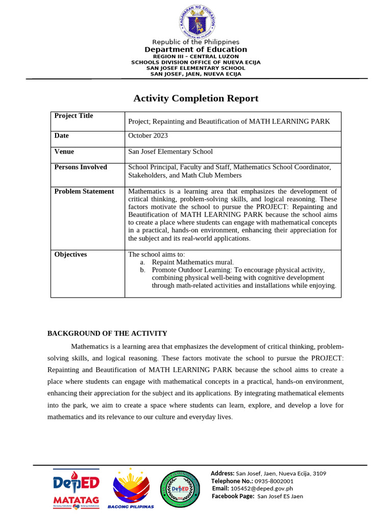 Math Learning Park Beautification Report | PDF | Mathematics | Critical ...