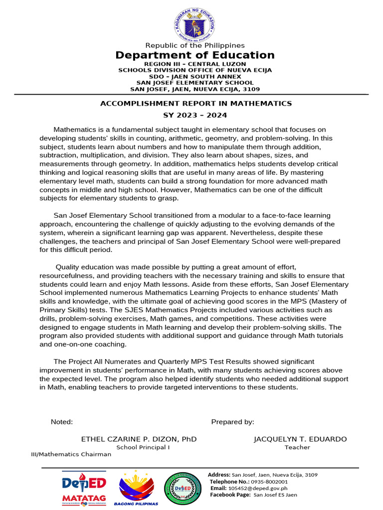 Mathematics Accomplishment Report 2023-2024 | PDF | Cognition | Behavior Modification