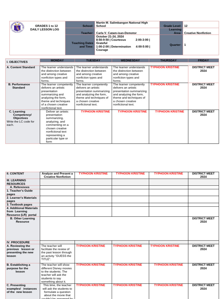 Creative Nonfiction Lesson Plan 12 | PDF | Teachers | Learning