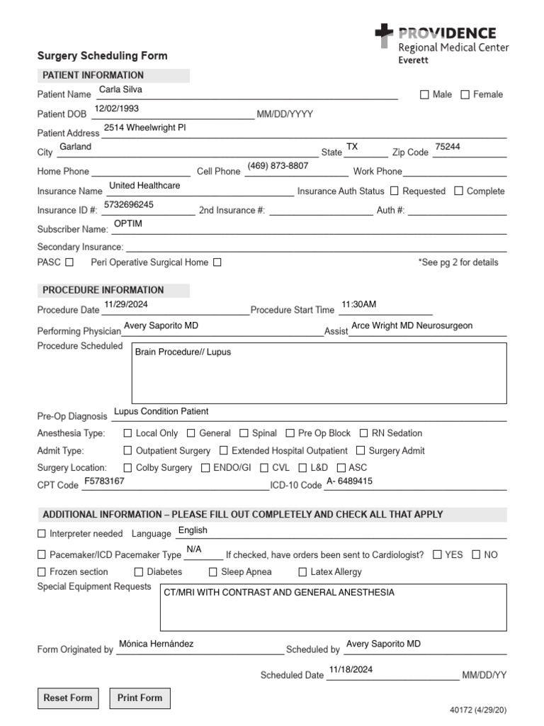 Surgery Scheduling Form p31640172 Eform 42920 | PDF | Patient | Surgery