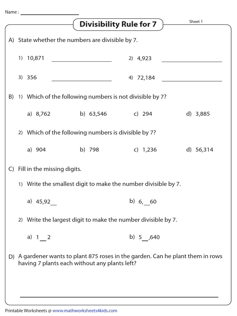 Divisibility Rule for 7 Worksheets | PDF | Art | Computers