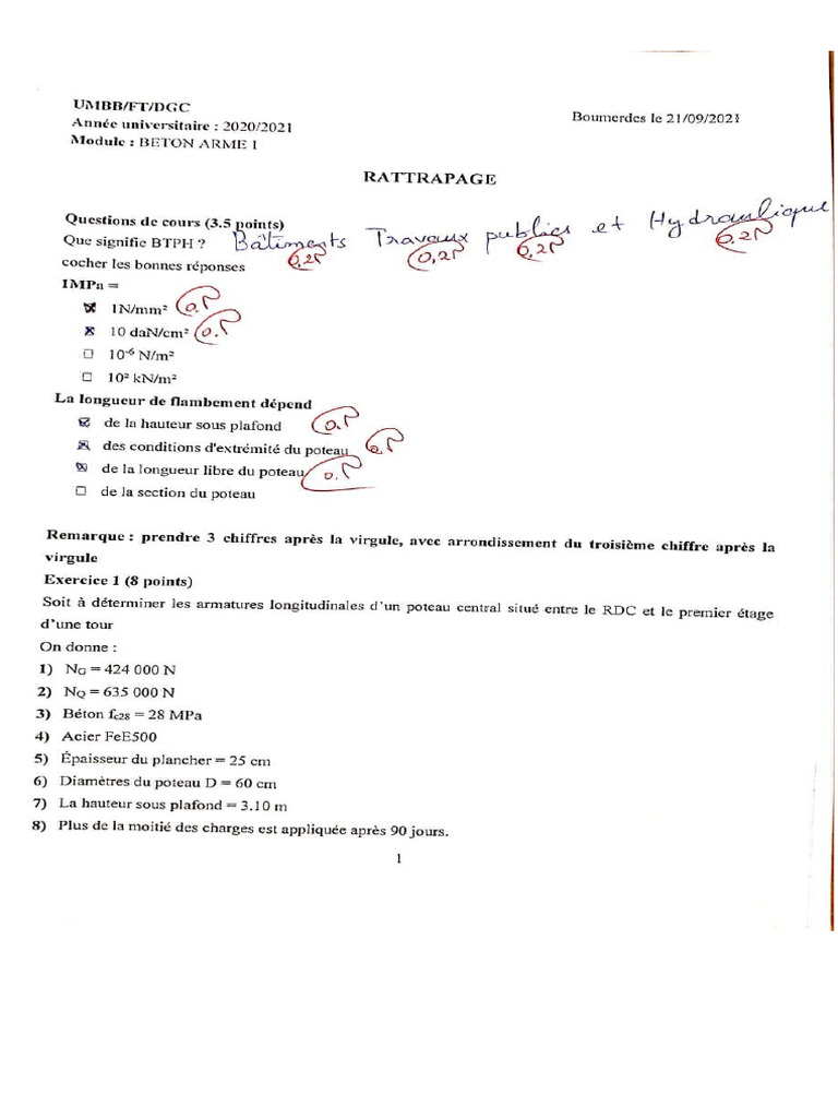 Corrigé Rattrapage Béton Armé LGC18 | PDF