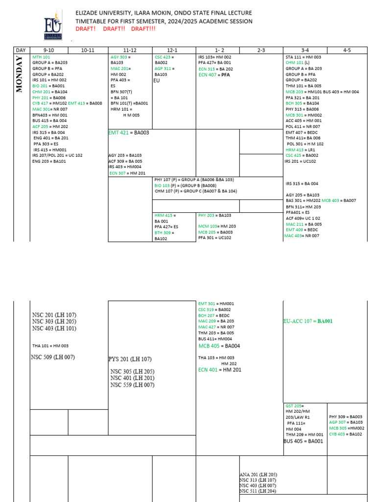 Elizade University 2024/2025 Semester Timetable | PDF