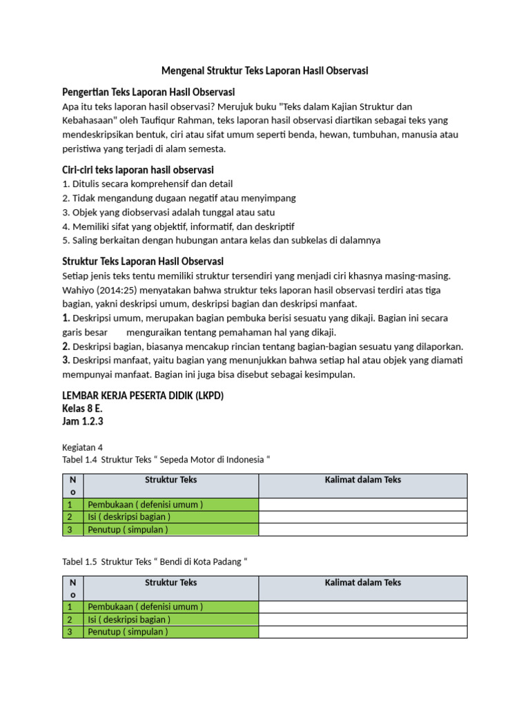 LKD Mengenal Struktur Teks Laporan Hasil Observasi | PDF | Seni & Disiplin Bahasa