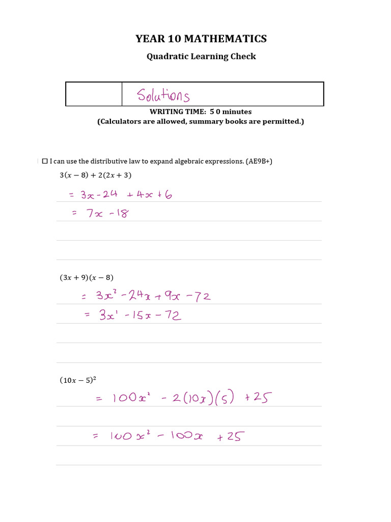 Year 10 Quadratic Math Assessment | PDF | Quadratic Equation | Equations