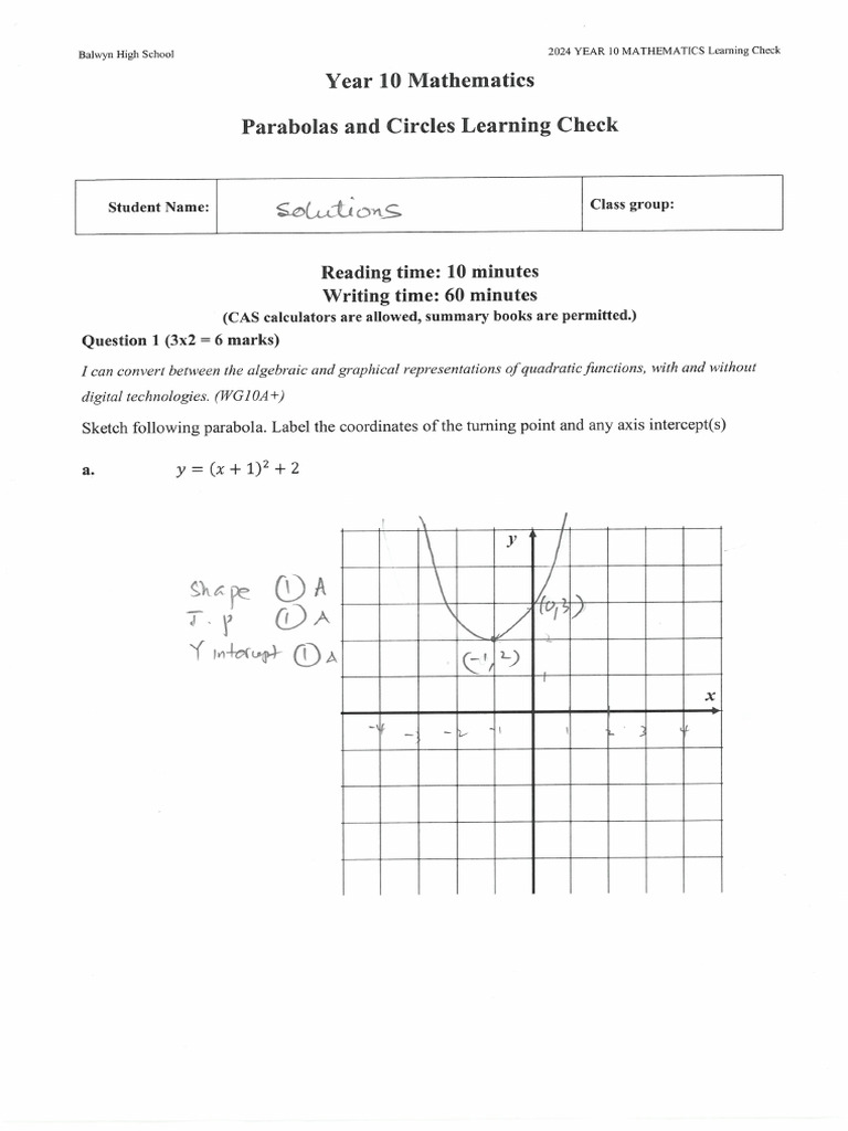 Parabolas and Circle Learning Check Solutions | PDF | Equations ...