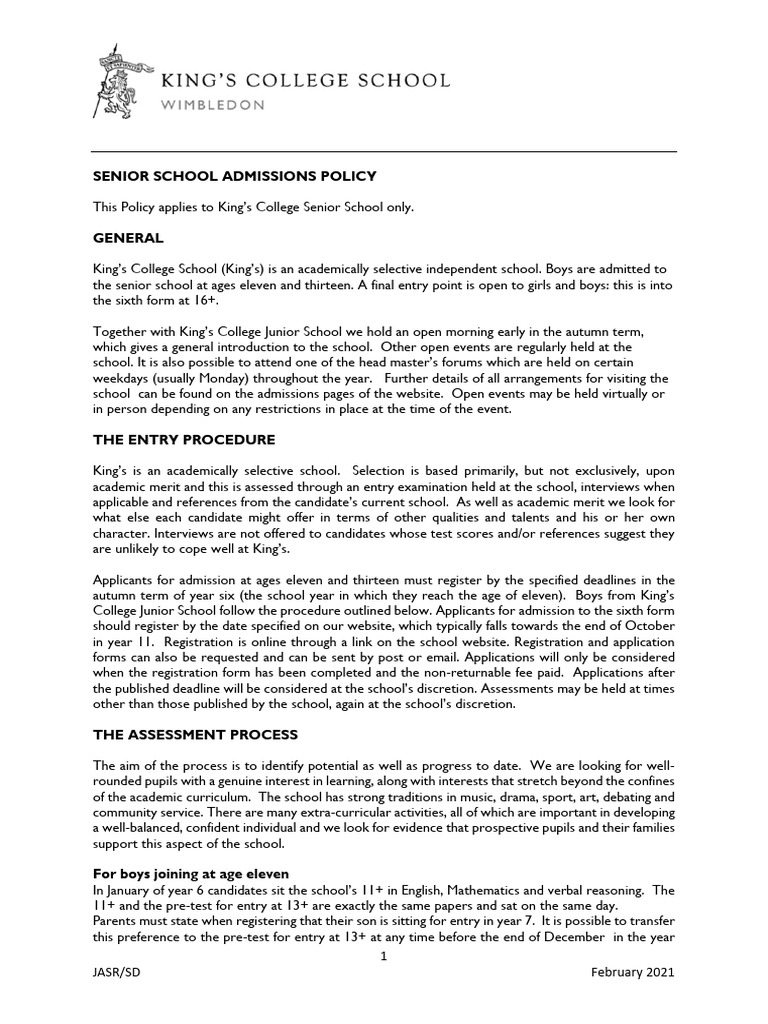 King’s College Senior School Admissions | PDF | Special Education ...