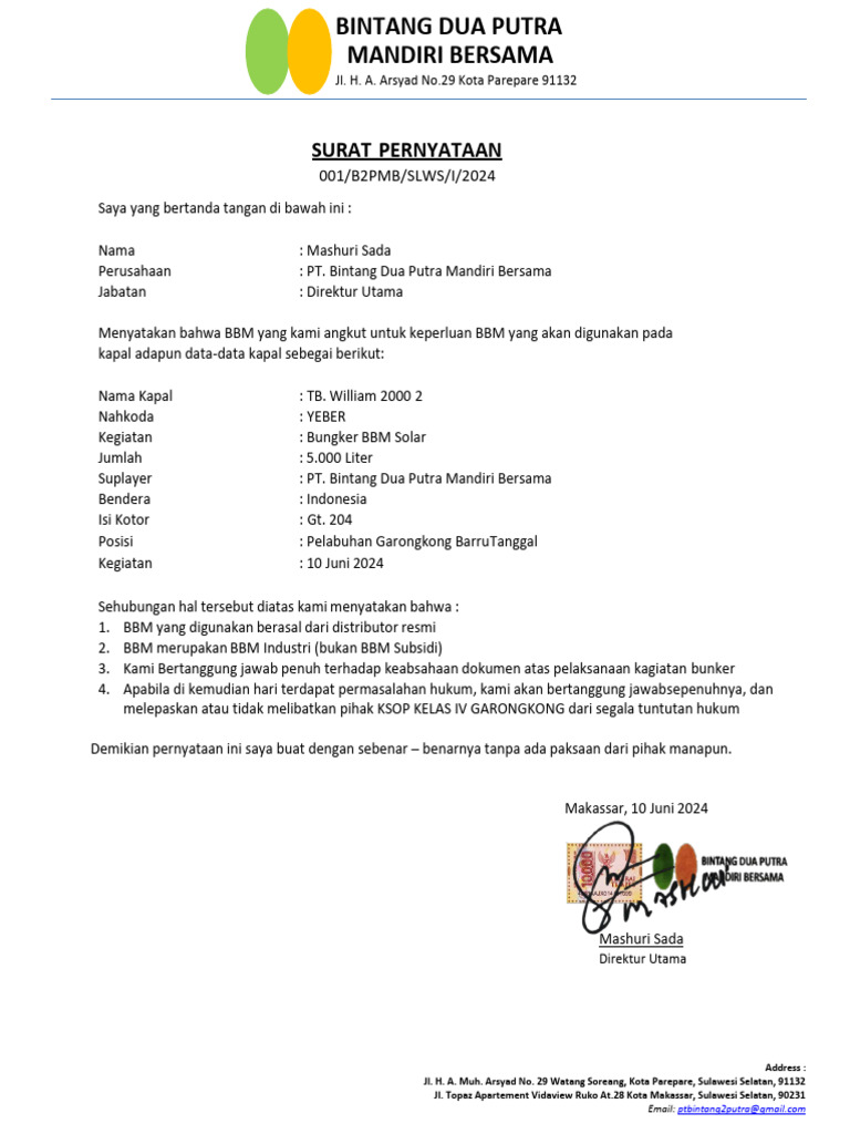 Surat Pernyataan Bungker BBM Solar TB William 2000 2 B2PMB | PDF