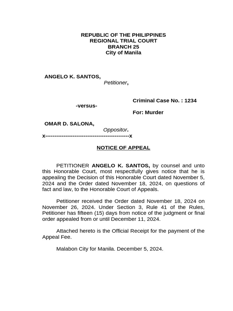 Notice of Appeal SANTOS | PDF | Politics | Social Science