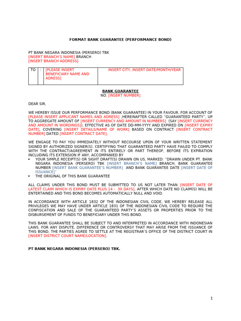 Bni Standard Format - Performance Bond | PDF