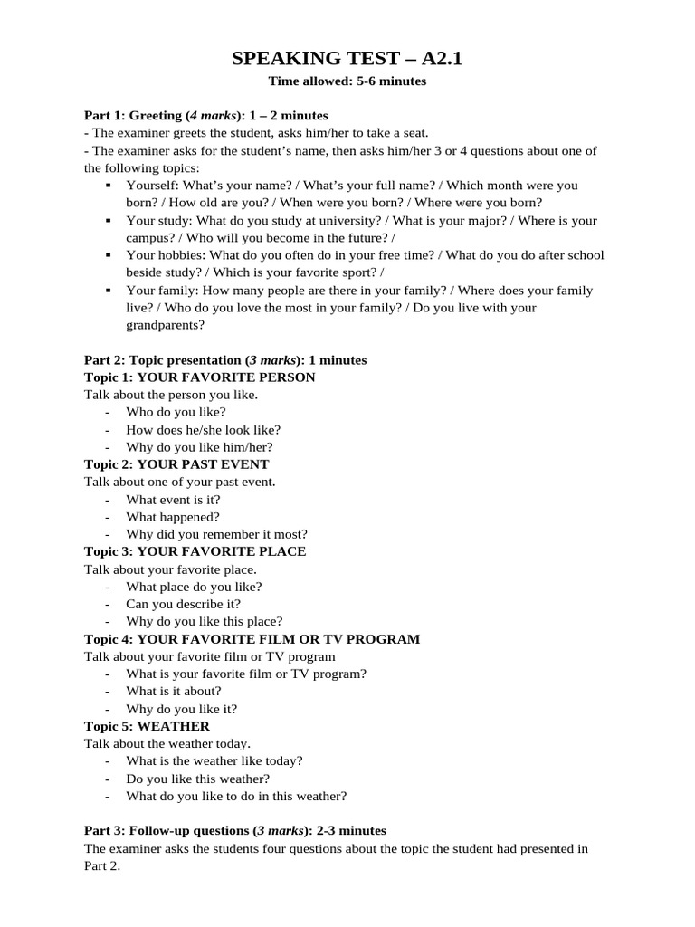 A2.1 - Speaking Test | PDF