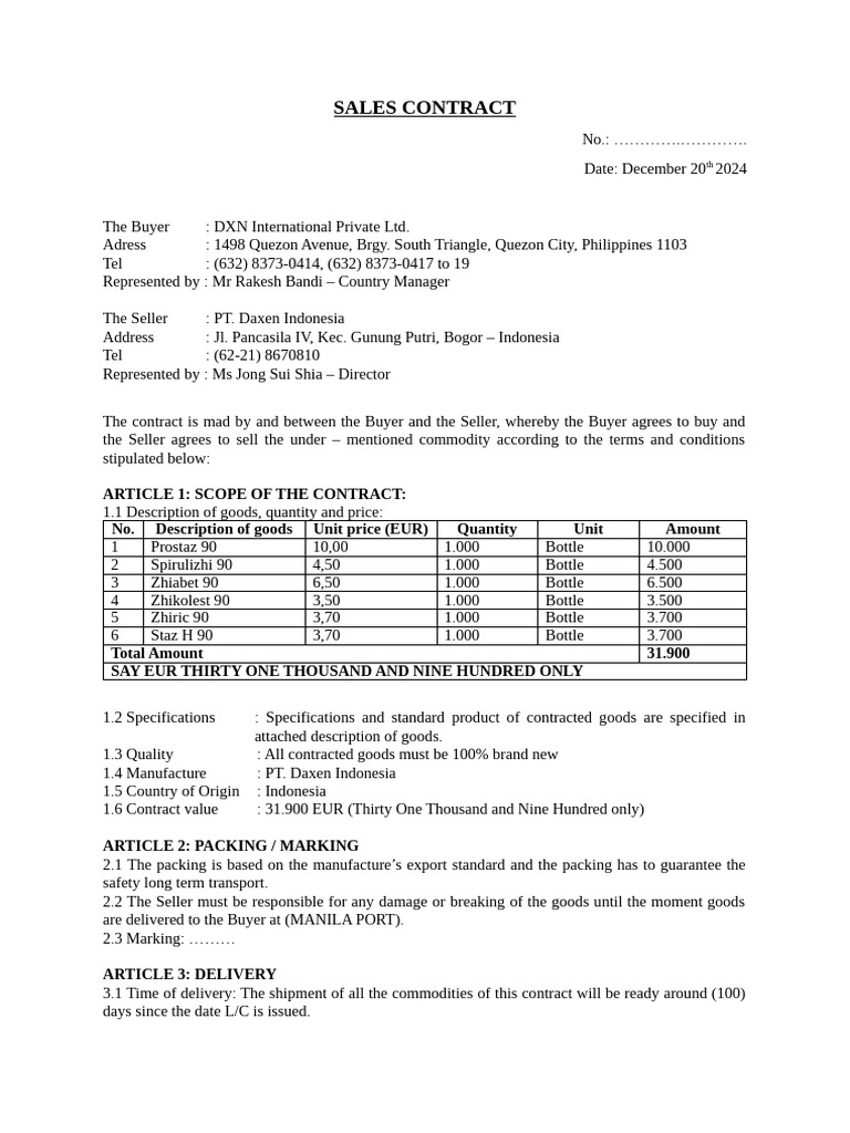 Sales Contract for Health Products | PDF | Business | Business Law