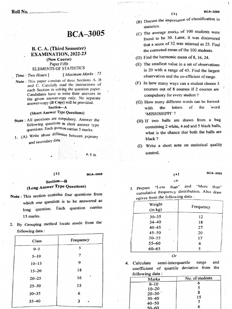 Bca 3 Sem Elements of Statistics Bca 3005 2023 | PDF