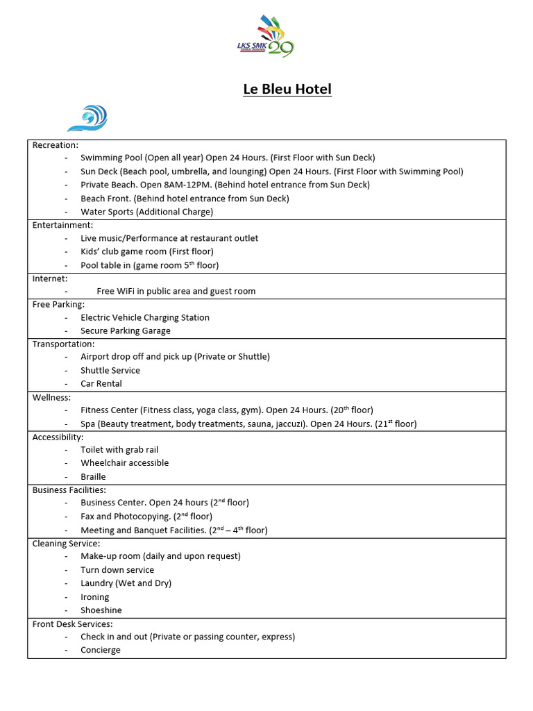 Le Bleu Hotel Fact Sheet | PDF | Menu | Dubai