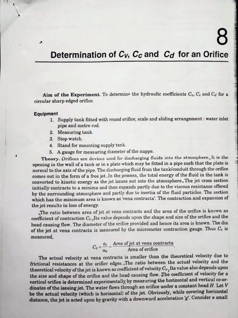 Determination of CV, CC & CD For An Orifice | PDF | Chemical ...