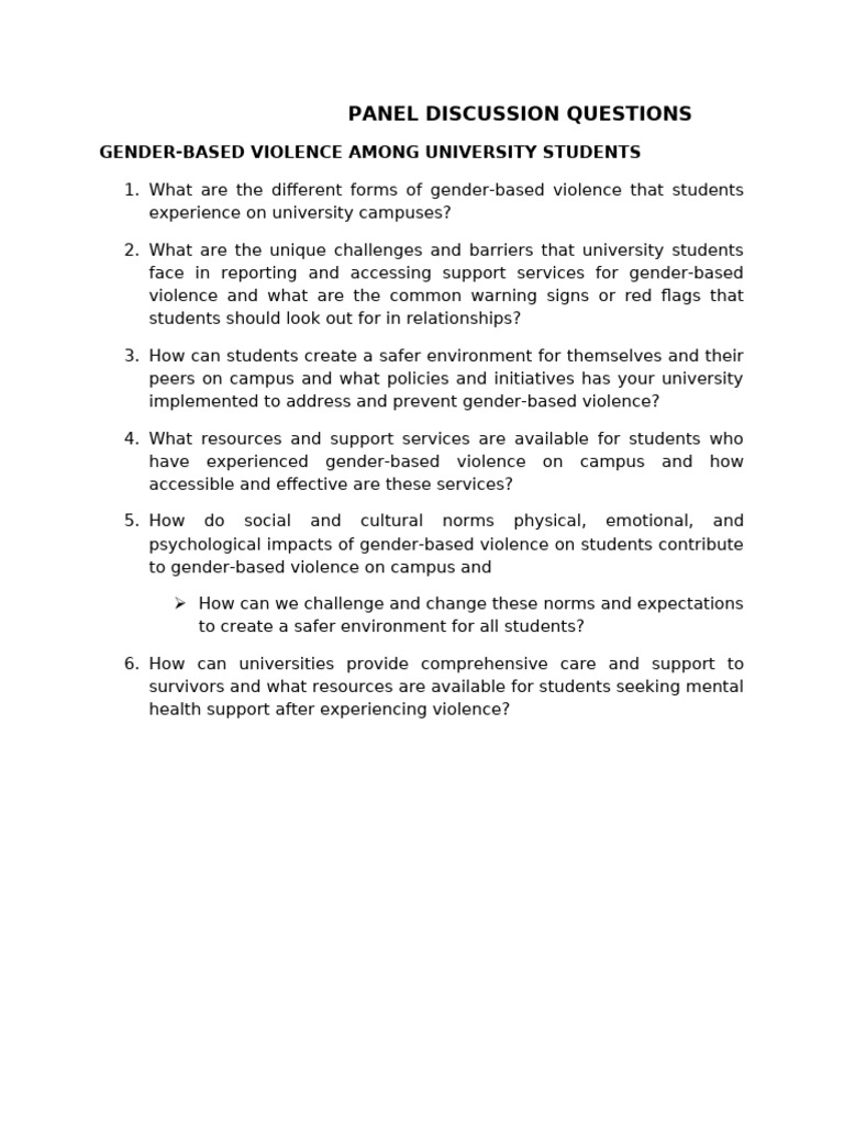 Panel Discussion Questions: Gender-Based Violence Among University Students | PDF