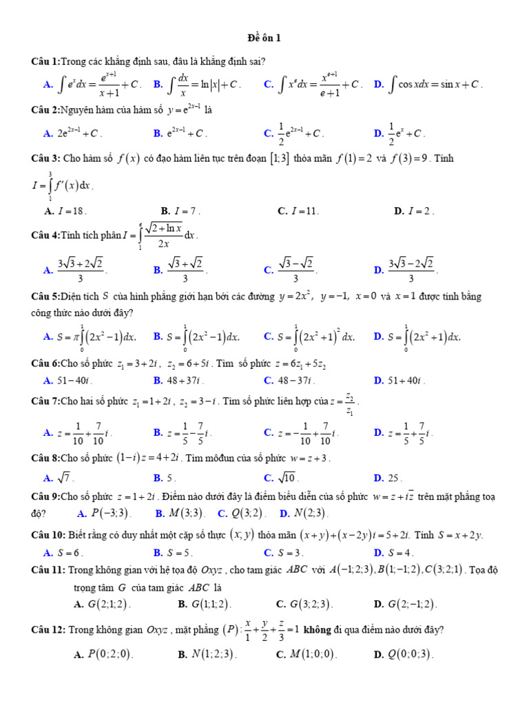 Đề ôn 1 lớp 12 hk2 | PDF