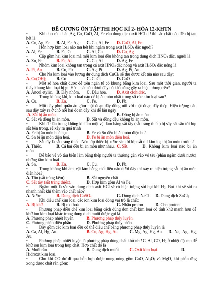 HÓA 12 ĐỀ CƯƠNG THI HKII 2024 | PDF