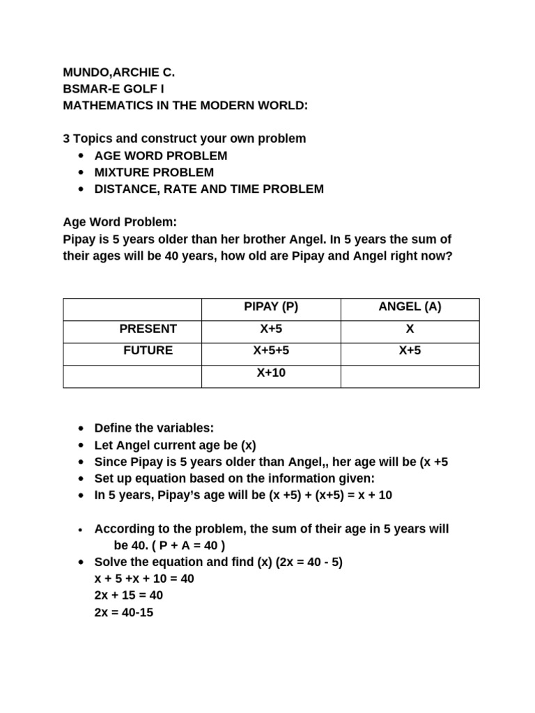 Solving: Age Word Problem, Mixtures Problem, Distance, Rate & Time ...