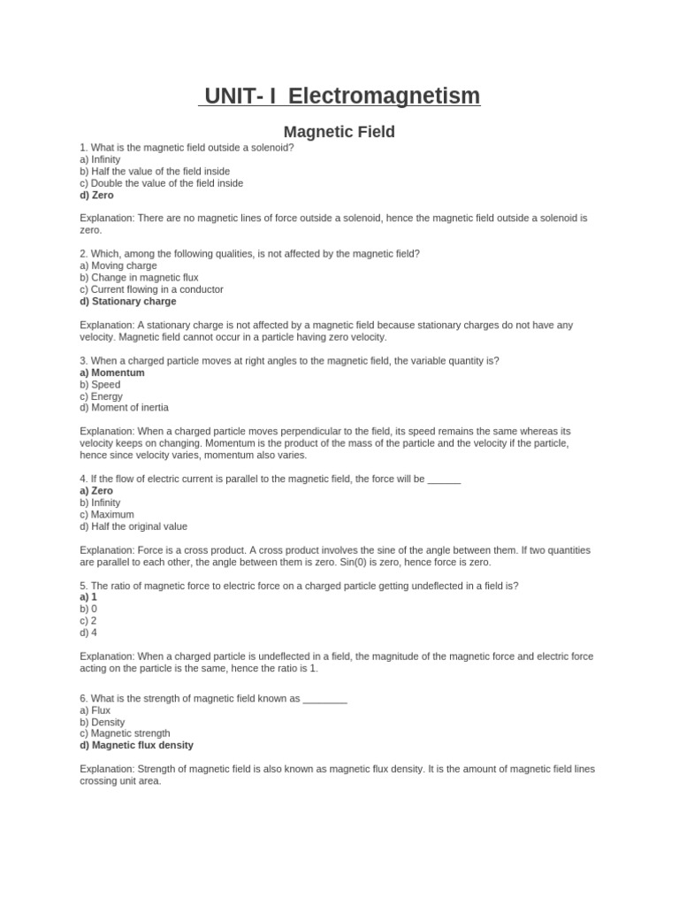 UNIT I - Electromagnetism - MCQ | PDF | Electromagnetic Induction | Inductance