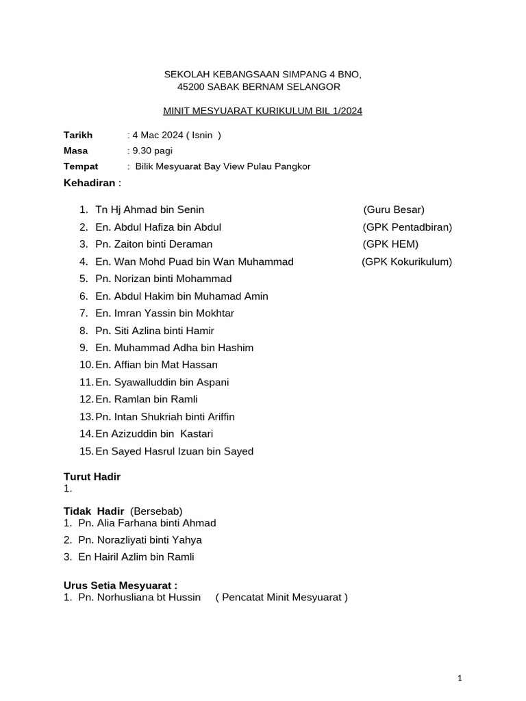 Minit Mesyuarat Kurikulum Bil 1-2024 | PDF