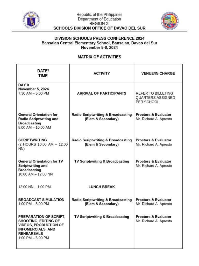 2024 DSPC Matrix of Activities Final | PDF