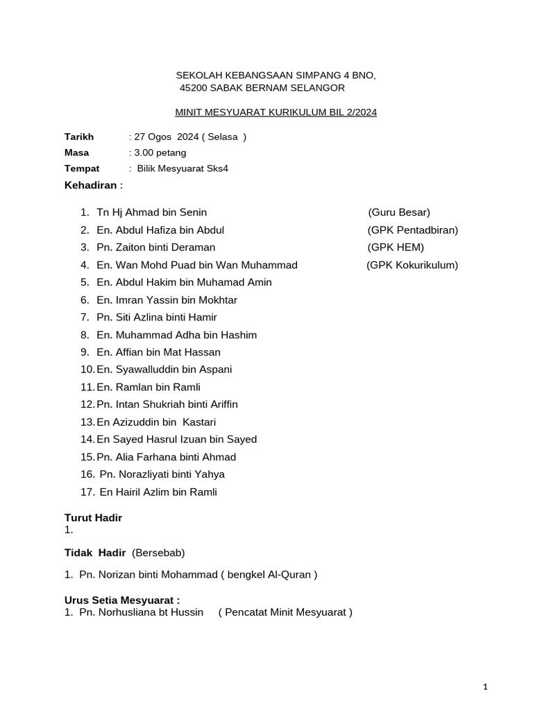 Minit Mesyuarat Kurikulum Bil 2-2024 | PDF