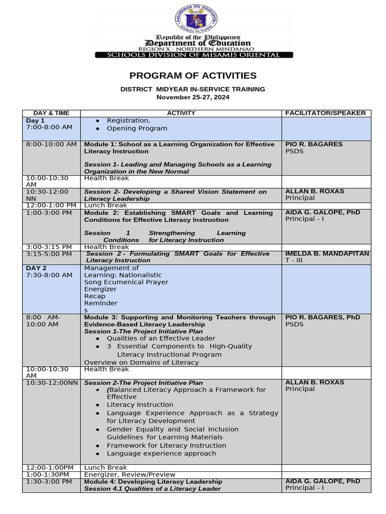 Program of Activties Mid Year Inset 2024 | PDF | Learning | Human ...