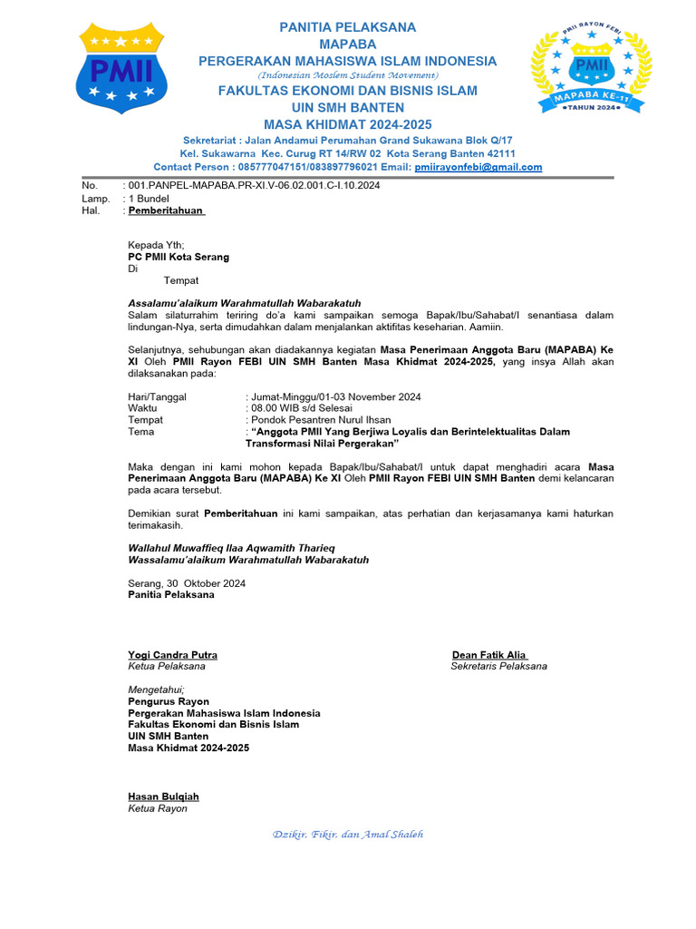 001 - Surat Pemberitahuan PC PMII Kota Serang | PDF