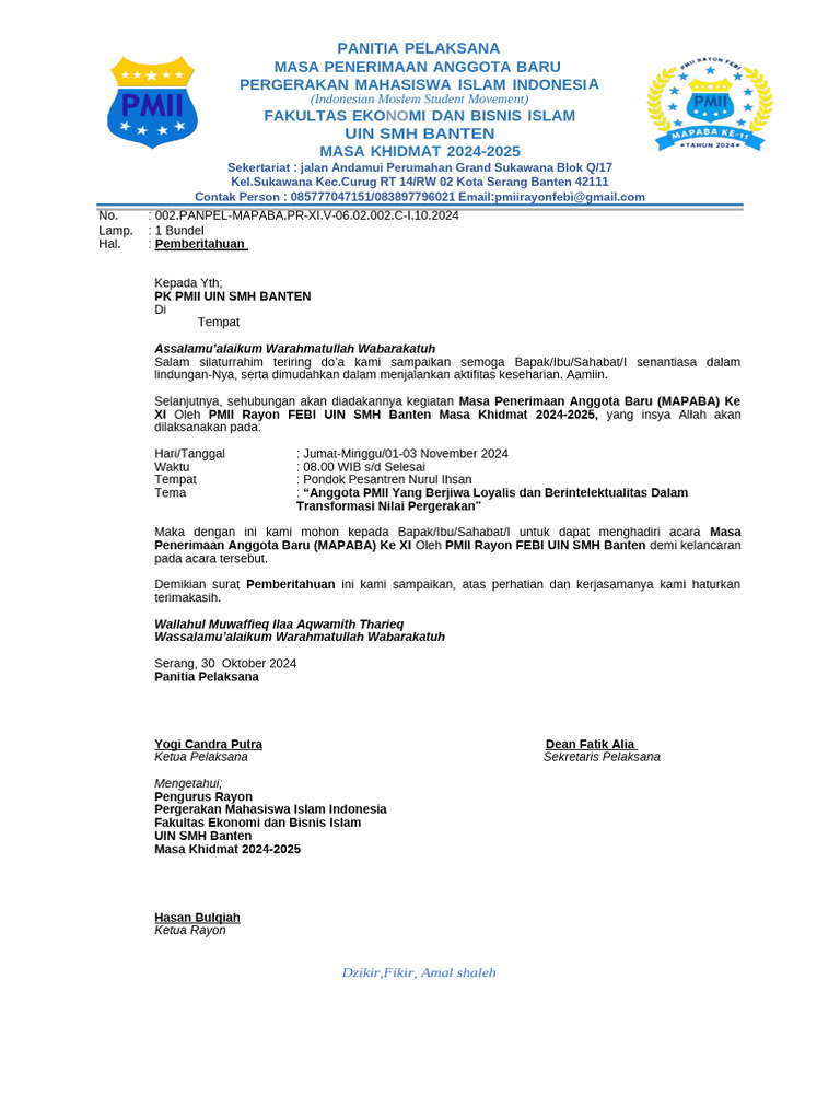 001-Surat Pembritahuan PK PMII UIN SMH BANTEN 2 | PDF
