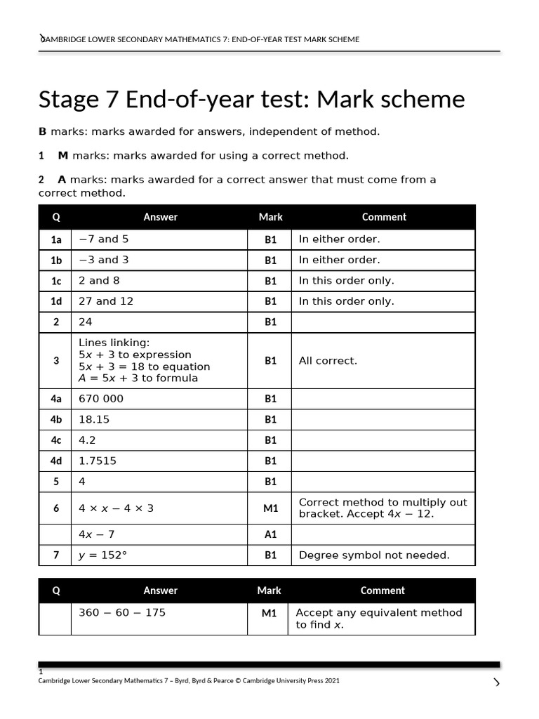 Year 7 Maths End-of-Year Test Mark Scheme | PDF | Volume | Mathematics
