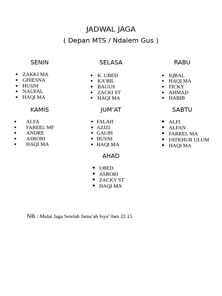 Jadwal Jaga | PDF