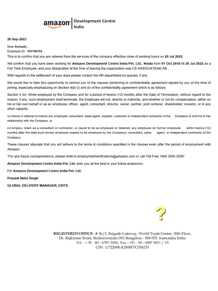 Amazon Relieving Letter for Avinash | PDF | Employment | Civil Law ...