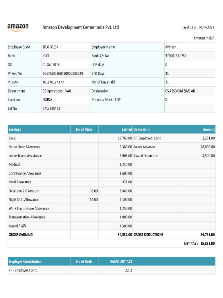 Payslip Amazon May 2022 | PDF