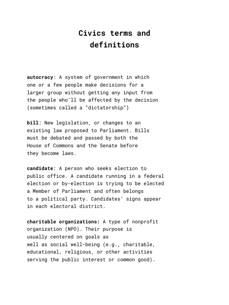 Civics Terms and Definitions | PDF | Constitution | Democracy
