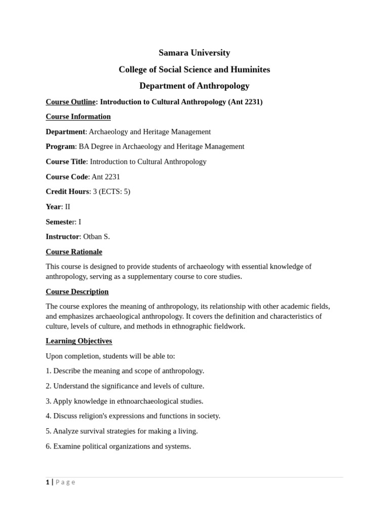 Cultural Ant Course Outline | PDF | Anthropology | Cultural Anthropology