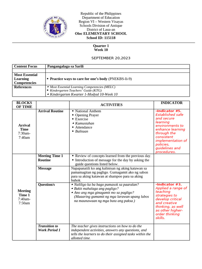 CO1 Lesson-Plan Q1 Week-10 | PDF | Learning | Teachers