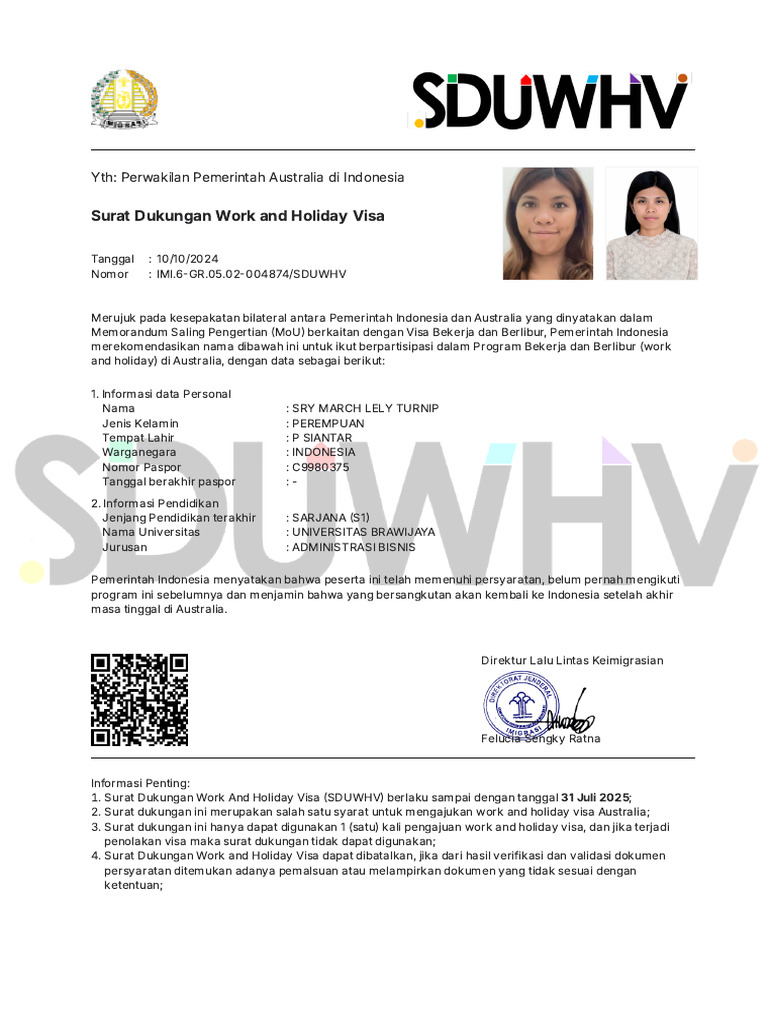 Surat Dukungan SDUWHV 2024 untuk Visa | PDF