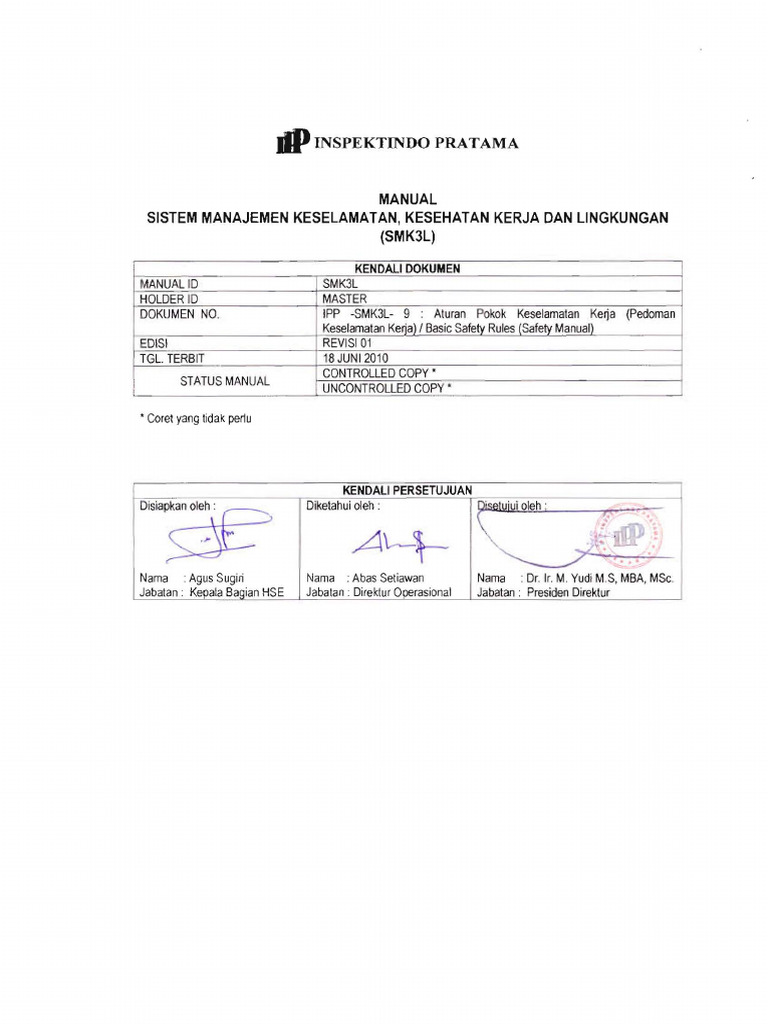 Aturan Pokok Keselamatan Kerja (Ipp-Smk3l-9) | PDF