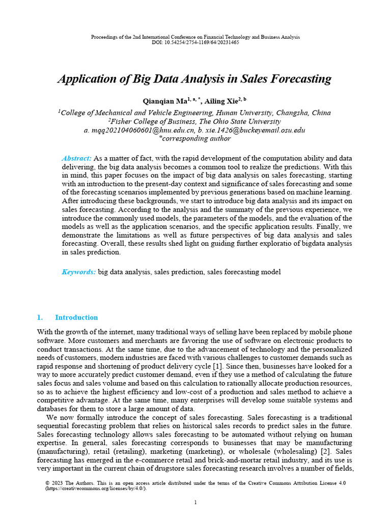 Application of Big Data Analysis in Sales Forecast | PDF | Forecasting ...