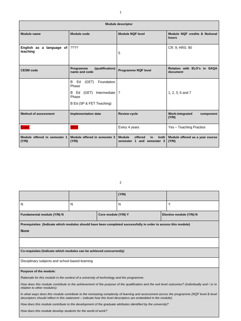 LLE 105P 2017 Module Descriptor - ELOT | PDF | Educational Assessment | Communication